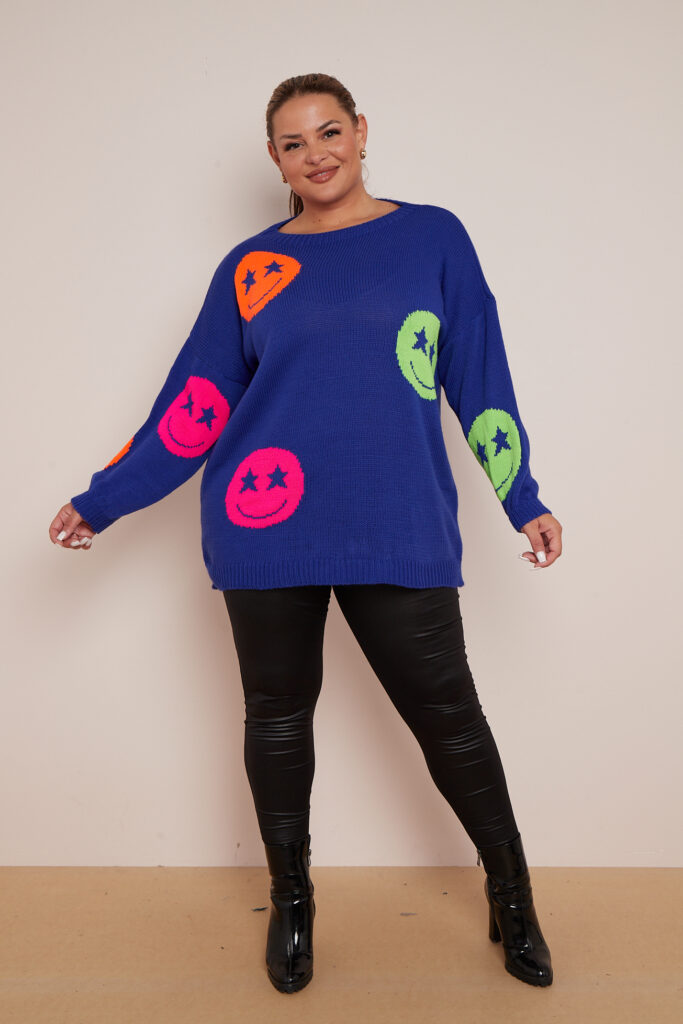 Plus Size Blue Round Neck Smiley Face Neon Print Jumper | Praslin Clothing