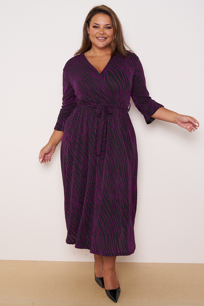 Plus Size Purple Sparkle Printed Wrap Dress With Pockets | Praslin Clothing