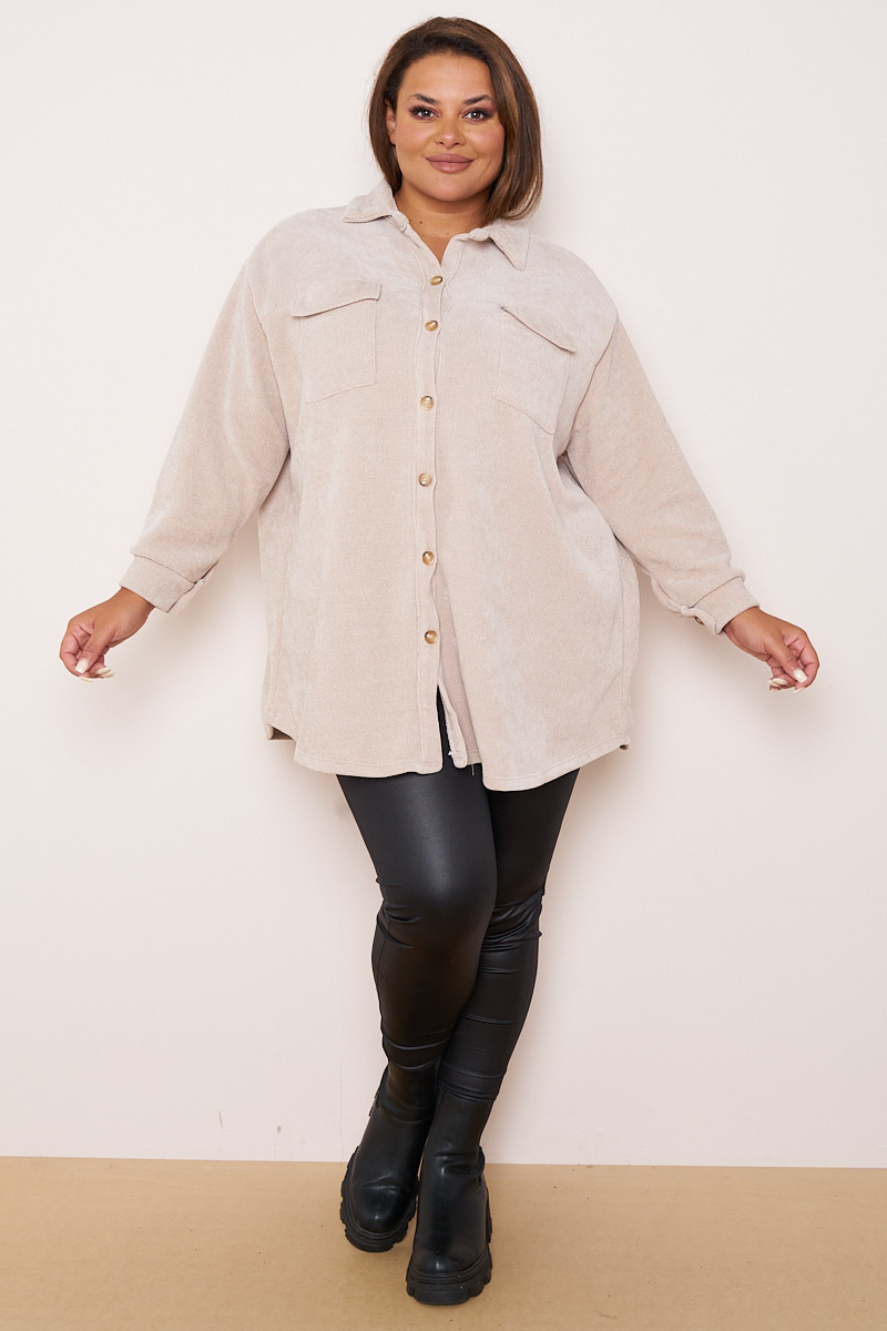Plus Size Beige Button Through Long Sleeve Shirt | Praslin Clothing
