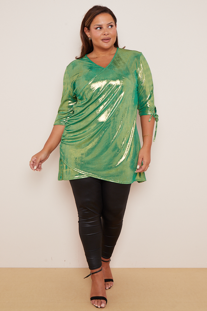 Plus Size Green Wrap Short Sleeve V Neck Shimmer Top | Praslin Clothing