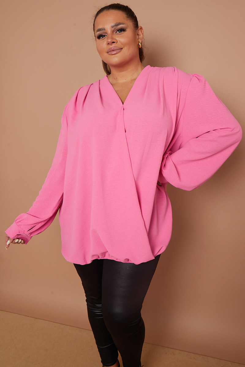 Plus Size Pink V Neck Detail Long Sleeve Blouse | Praslin Clothing