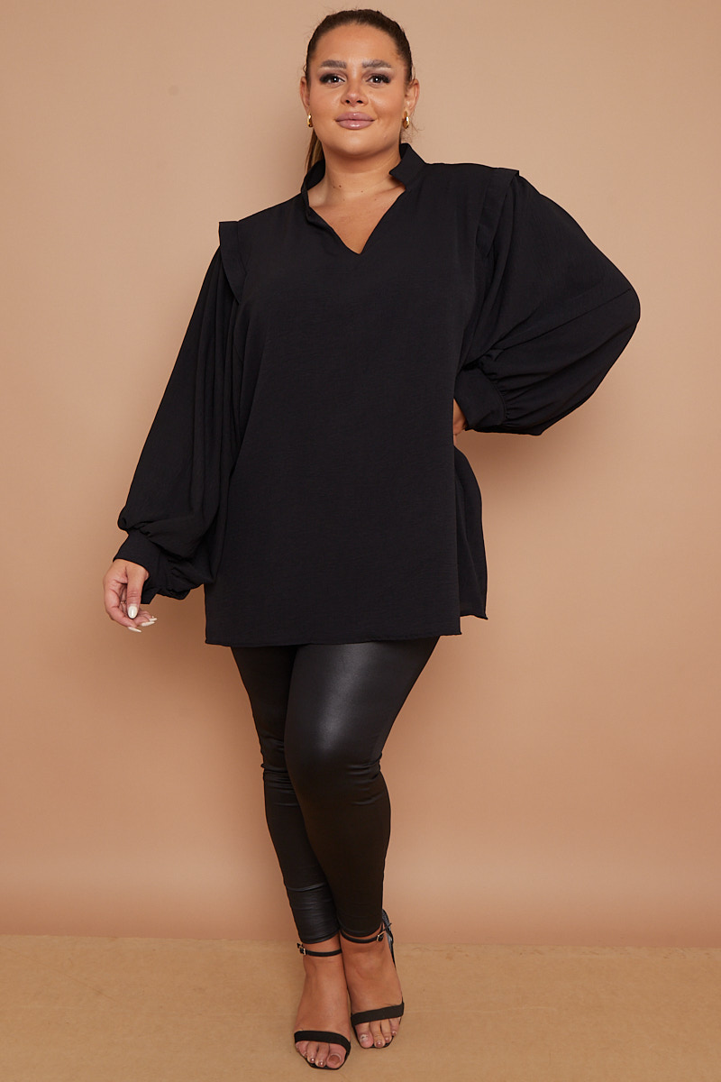 Plus Size Black Collar Detail Long Sleeve Blouse | Praslin Clothing
