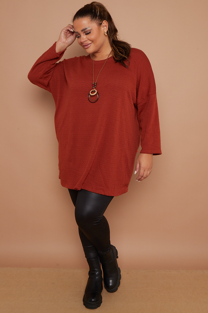 Plus Size Rust 3/4 Sleeves Necklace Top With Pockets | Praslin Clothing