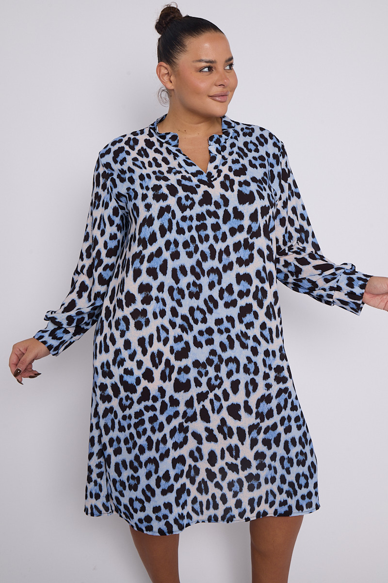 Plus Size Sky Blue Animal Print Collar Style Dress With Pockets ...