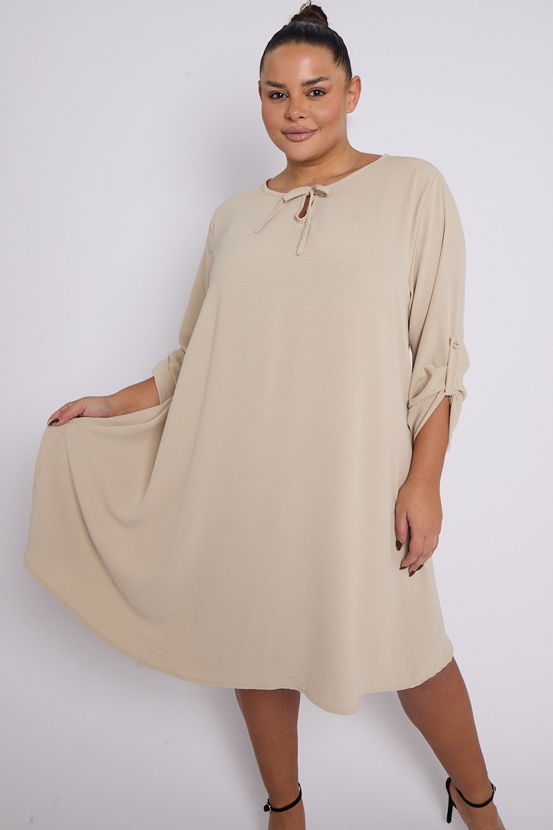 Plus Size Beige Tie Neck 3/4 Sleeve Dress With Pockets | Praslin Clothing