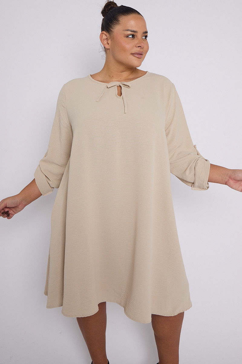 Plus Size Beige Tie Neck 3/4 Sleeve Dress With Pockets | Praslin Clothing