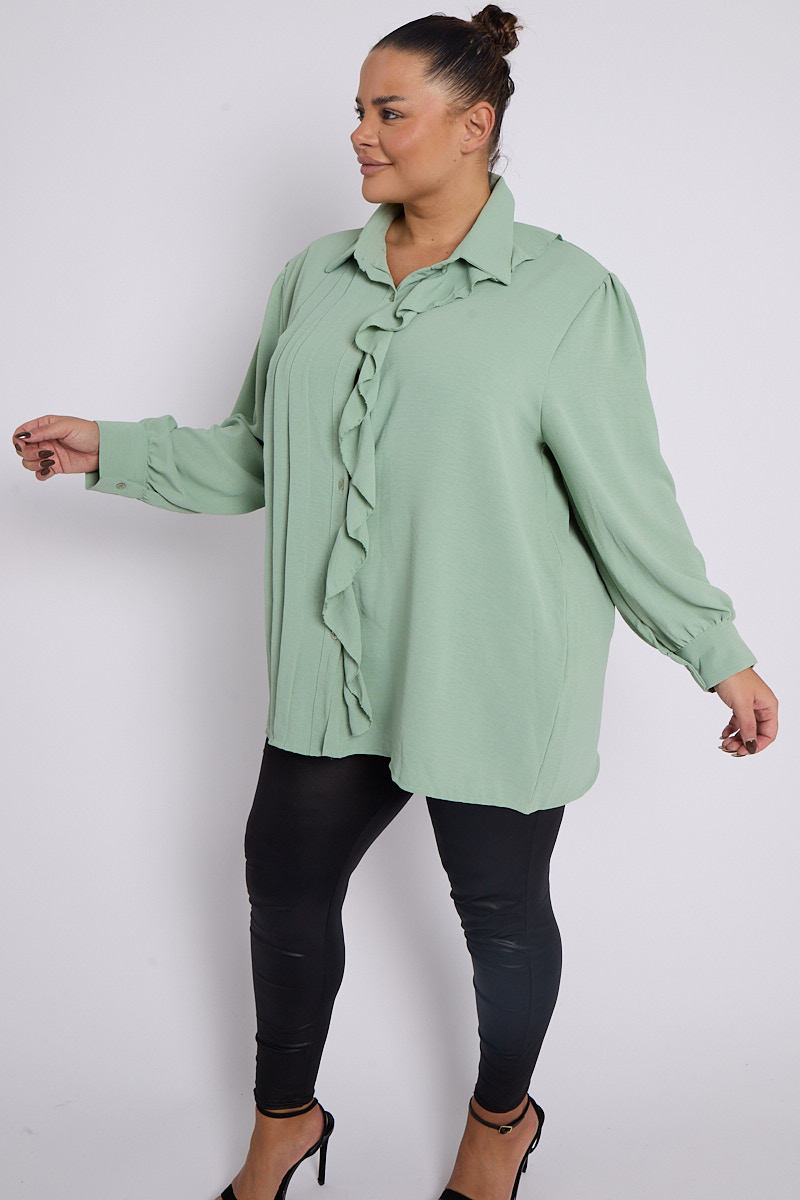 Plus Size Mint Green Pleat & Ruffle Detail Button Through Shirt | Praslin Clothing