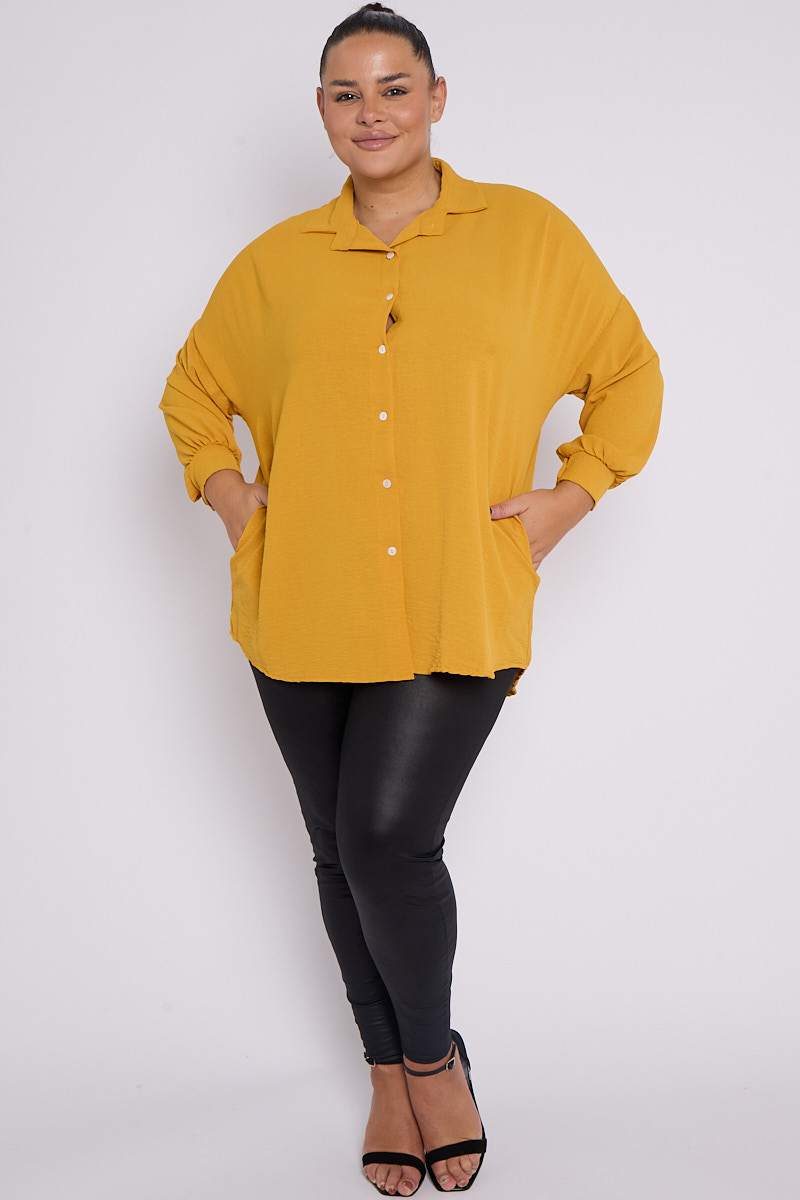 Plus Size Mustard Button Through Long Sleeve Shirt | Praslin Clothing