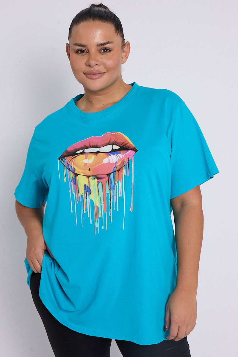 Plus Size Turquoise Multi Colour Lip Print Short Sleeve T Shirt ...
