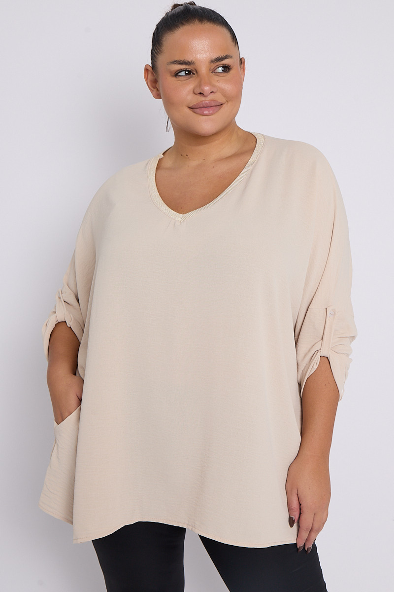 Plus Size Beige V Neck Contrast Trim 3/4 Turn Sleeves Top With Pockets ...