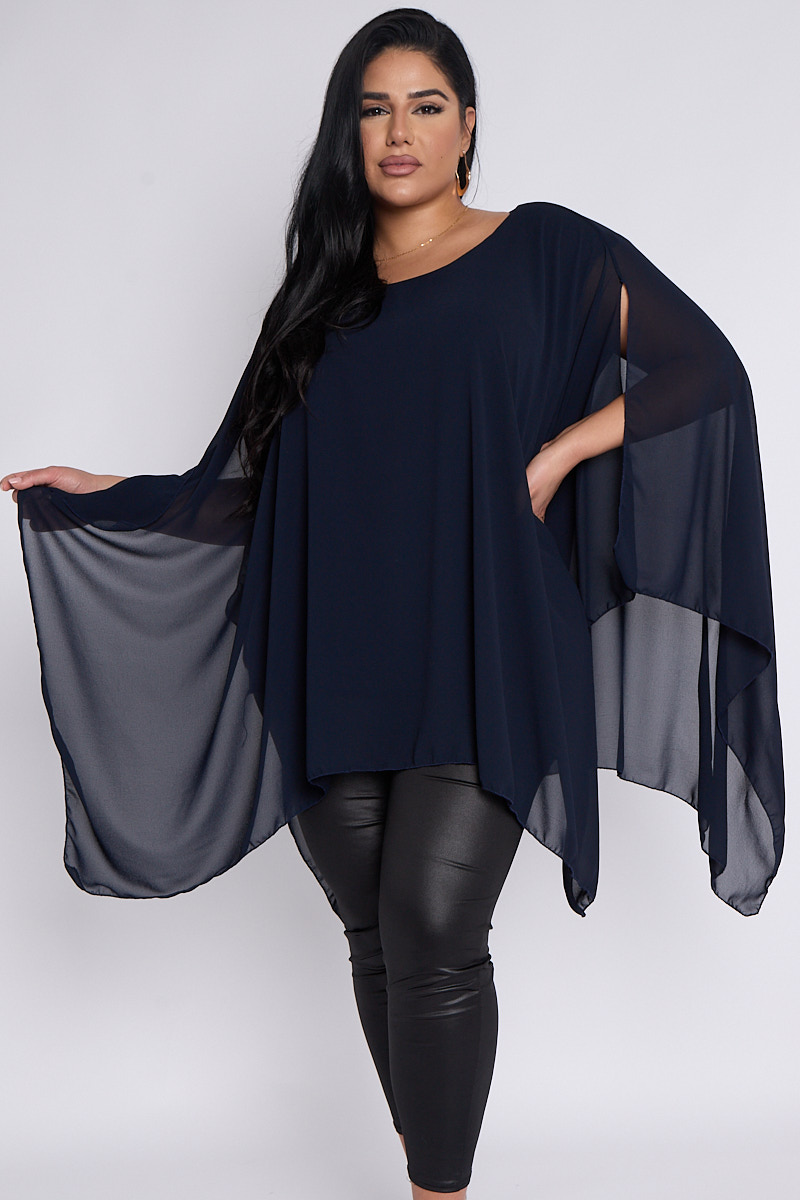 Plus Size Navy Sheer Cape Style Batwing Top | Praslin Clothing