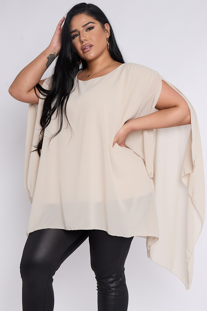 Plus Size Beige Sheer Cape Style Batwing Top | Praslin Clothing
