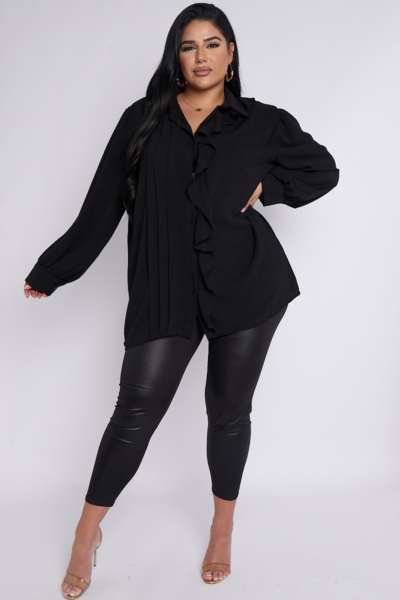 Plus Size Black Pleat & Ruffle Detail Button Through Shirt | Praslin Clothing