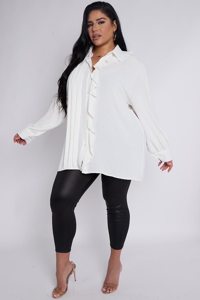 Plus Size White Pleat & Ruffle Detail Button Through Shirt | Praslin Clothing