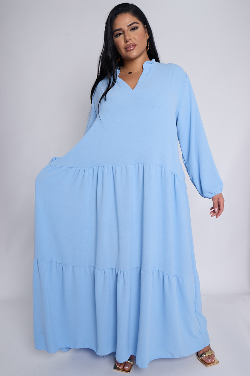 Plus Size Powder Blue Collar Style Long Sleeve Maxi Dress With Pockets | Praslin Clothing