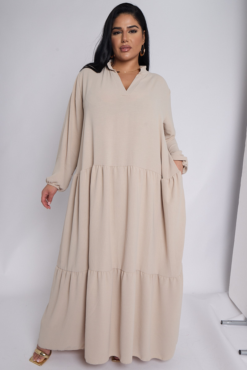 Plus Size Beige Collar Style Long Sleeve Maxi Dress With Pockets ...