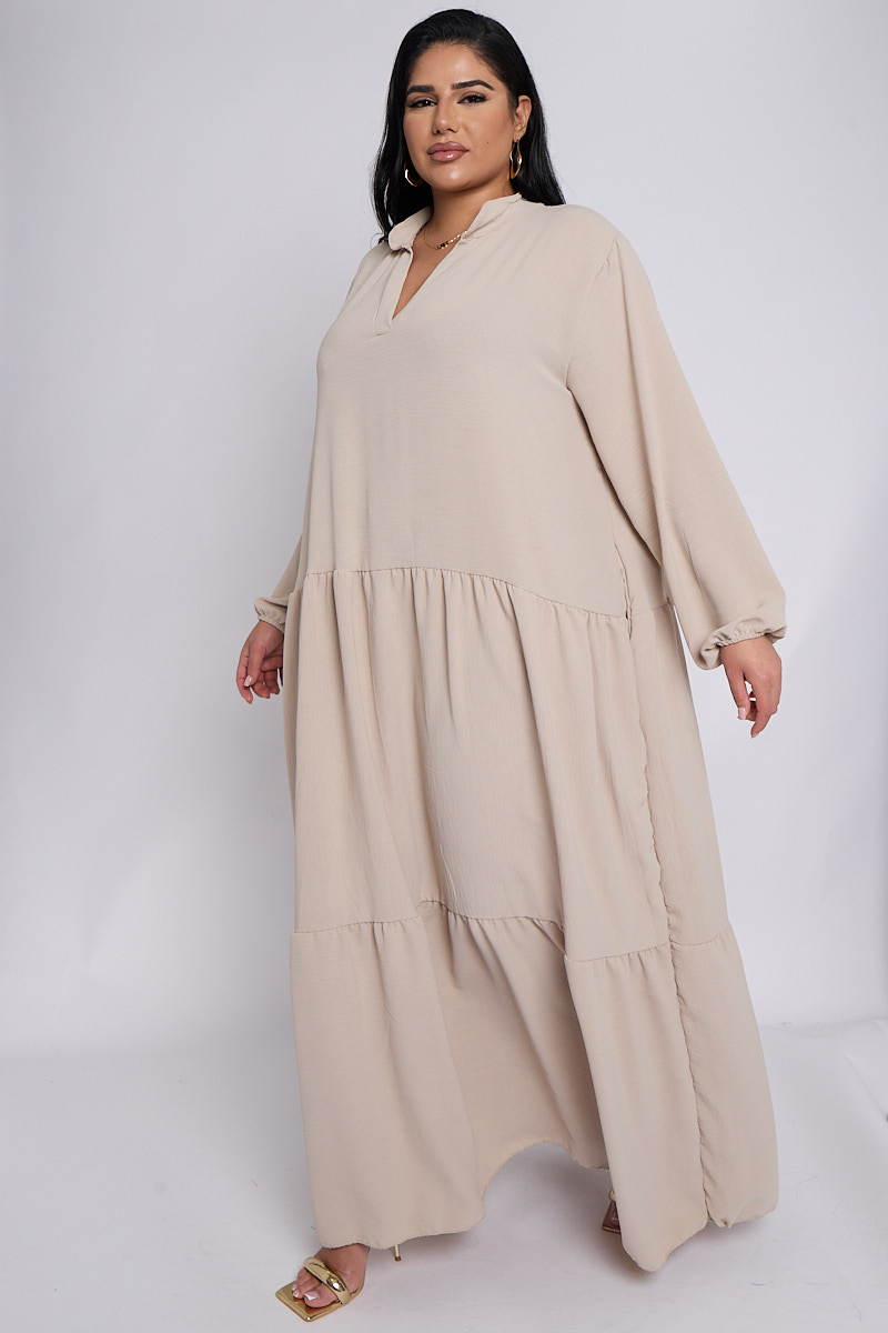 Plus Size Beige Collar Style Long Sleeve Maxi Dress With Pockets ...