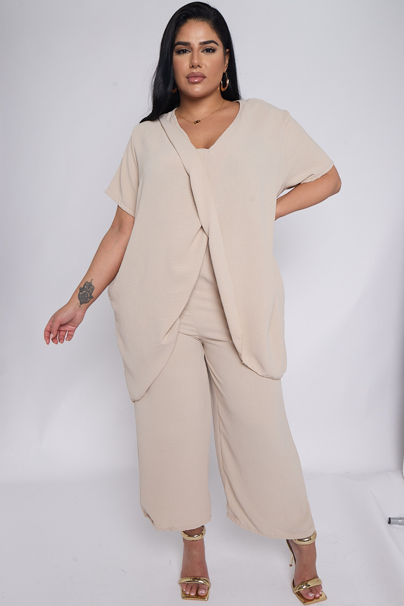 Plus Size Beige 2 Piece Co Ord Set With Asymmetric Top & Cropped Wide ...