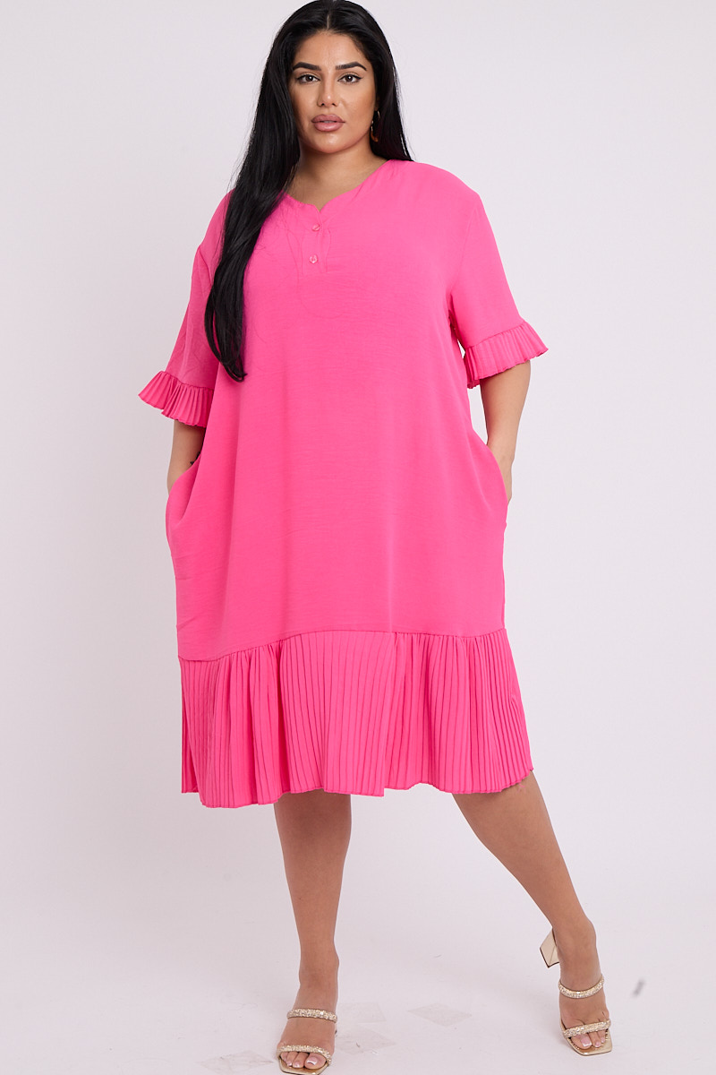 Plus Size Fuchsia Plisse Pleat Hem Detail Dress With Pockets | Praslin ...