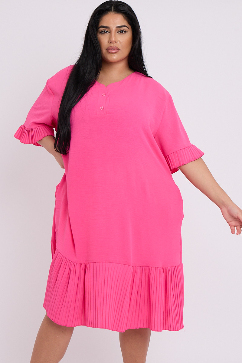 Plus Size Fuchsia Plisse Pleat Hem Detail Dress With Pockets | Praslin ...