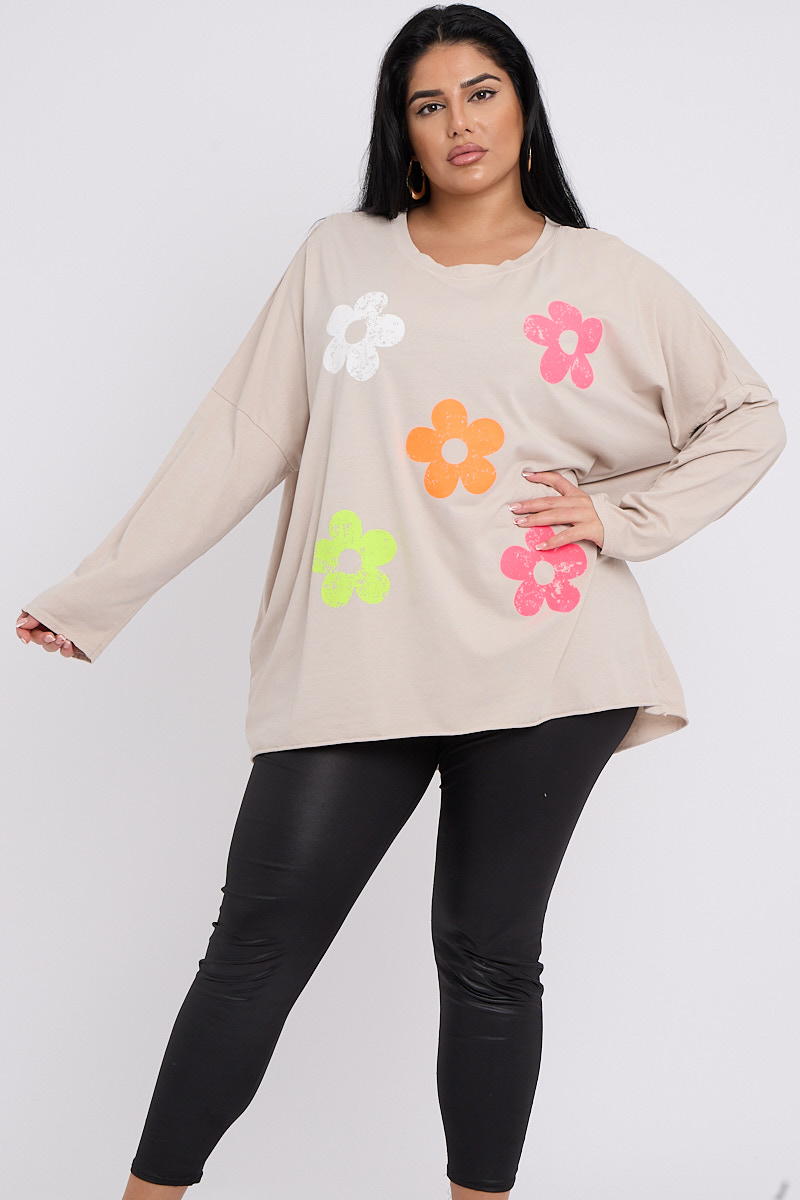 Plus Size Beige Round Neck Flower Print Long Sleeve Top | Praslin Clothing