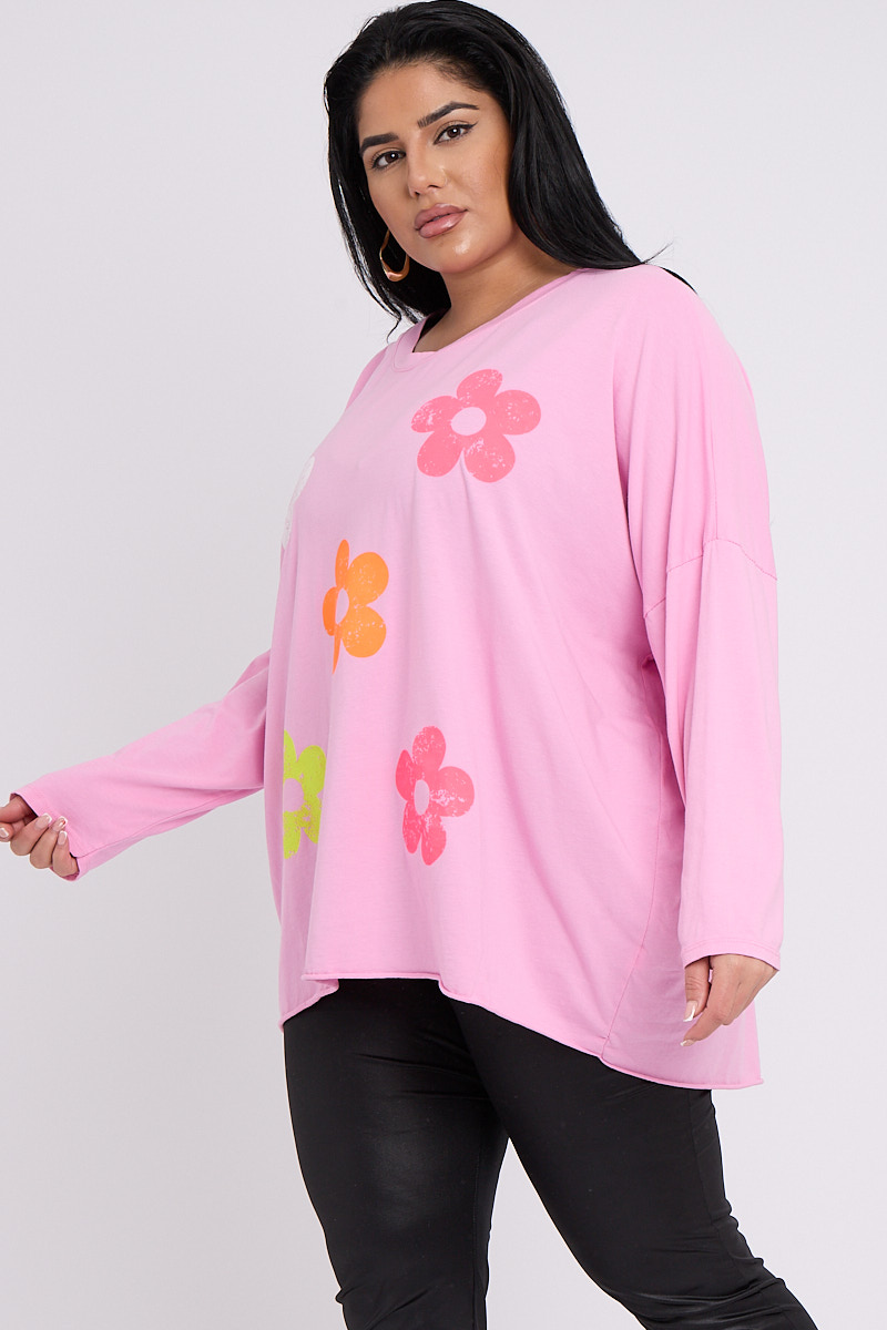 Plus Size Pink Round Neck Flower Print Long Sleeve Top | Praslin Clothing