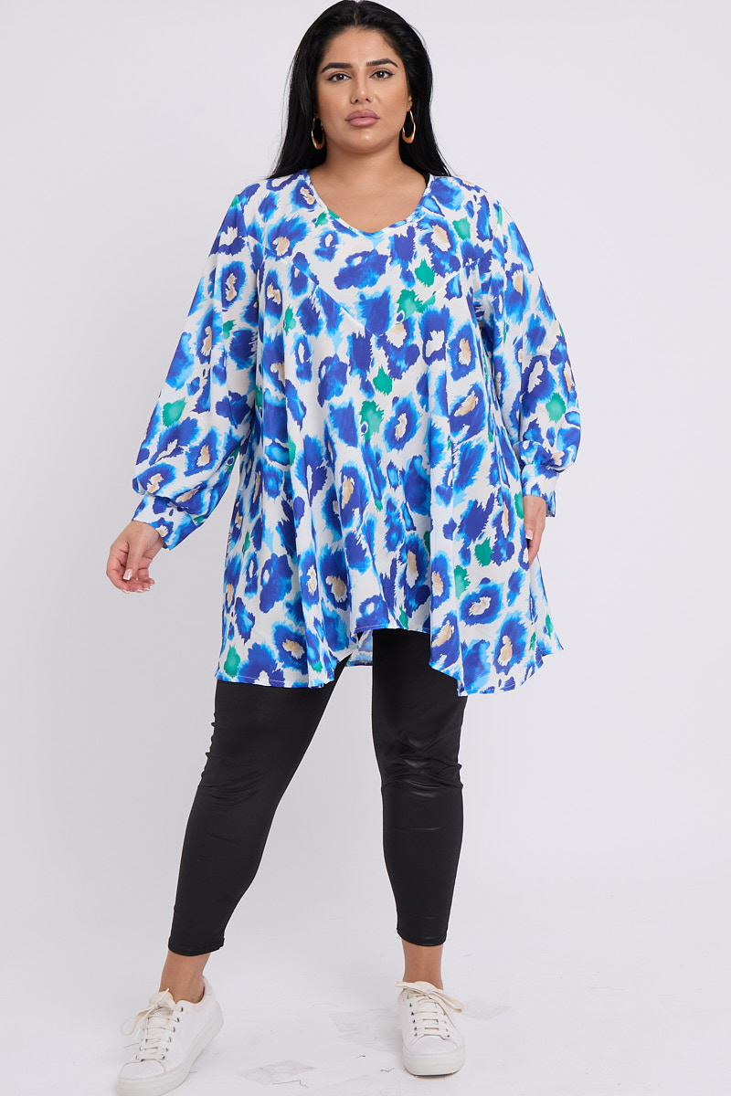 Plus Size Blue Printed V Neck Long Sleeve Flare Top | Praslin Clothing