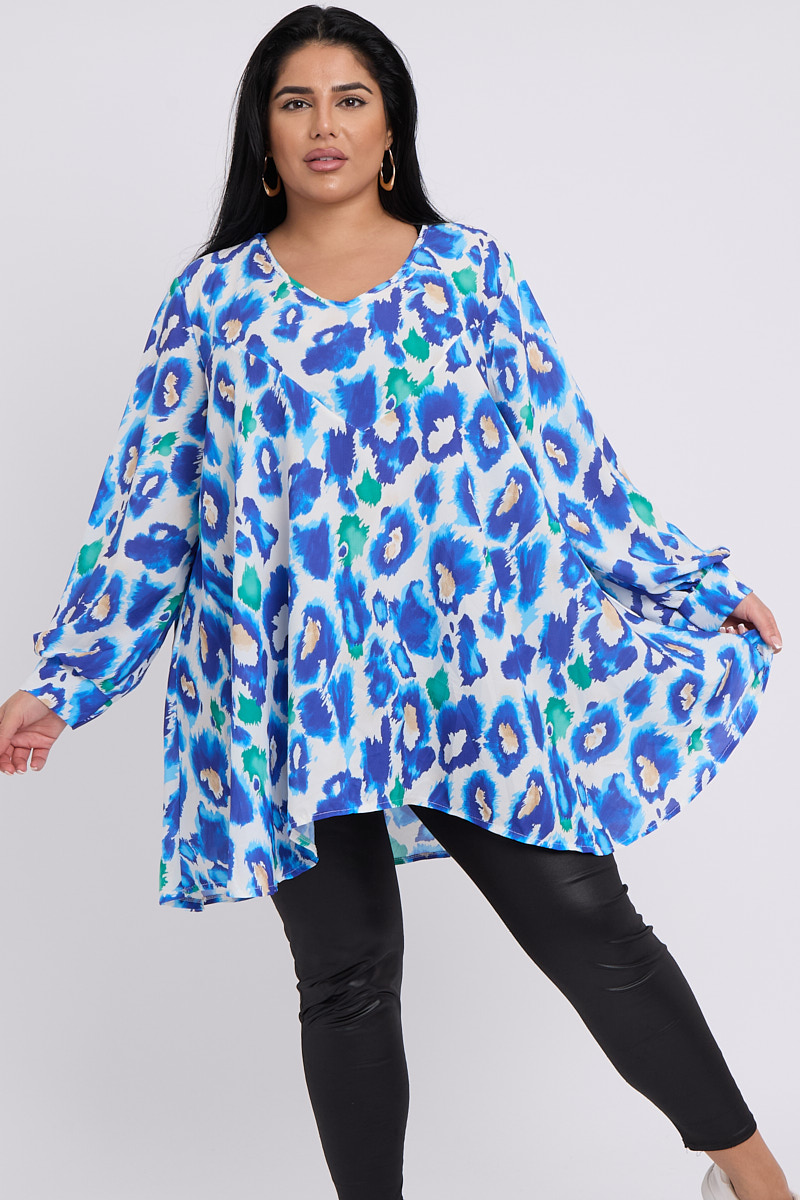 Plus Size Blue Printed V Neck Long Sleeve Flare Top | Praslin Clothing