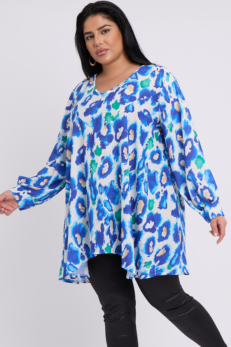 Plus Size Blue Printed V Neck Long Sleeve Flare Top | Praslin Clothing