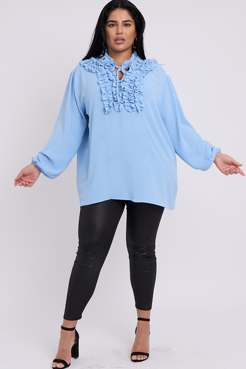 Plus Size Powder Blue Ruffle Neckline Detail With Tie Fasten Blouse ...