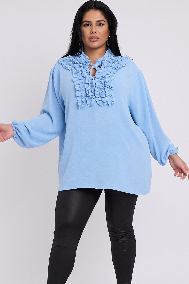 Plus Size Powder Blue Ruffle Neckline Detail With Tie Fasten Blouse ...