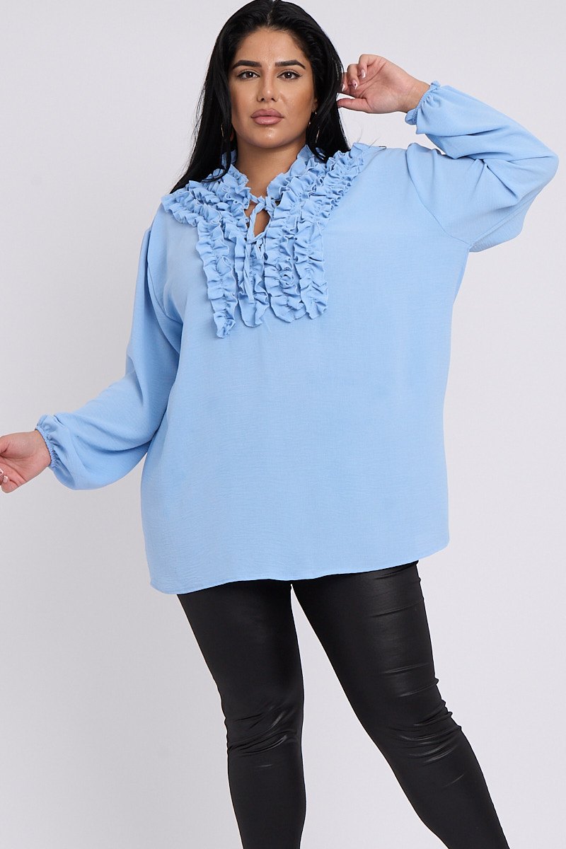 Plus Size Powder Blue Ruffle Neckline Detail With Tie Fasten Blouse ...