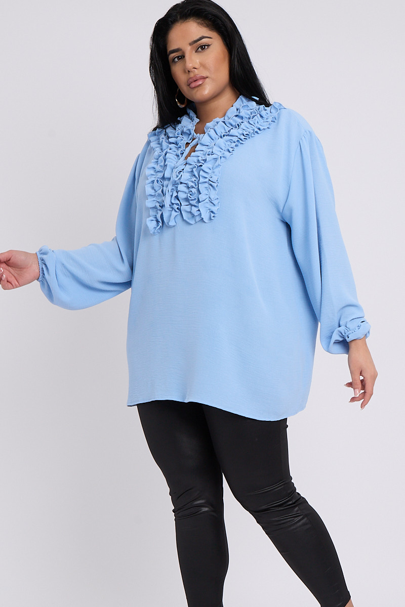Plus Size Powder Blue Ruffle Neckline Detail With Tie Fasten Blouse ...