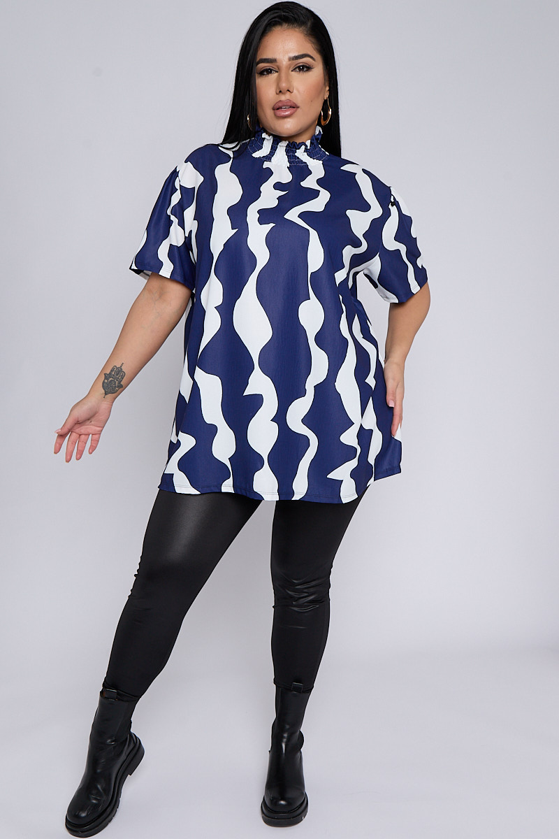 Plus Size Navy Printed High Neck Short Sleeve Top | Praslin Clothing