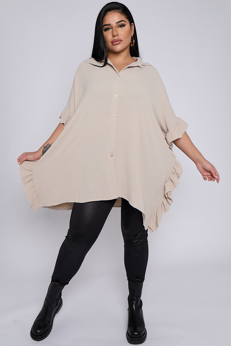 Plus Size Beige Button Through Short Sleeve Shirt With Frill Side ...