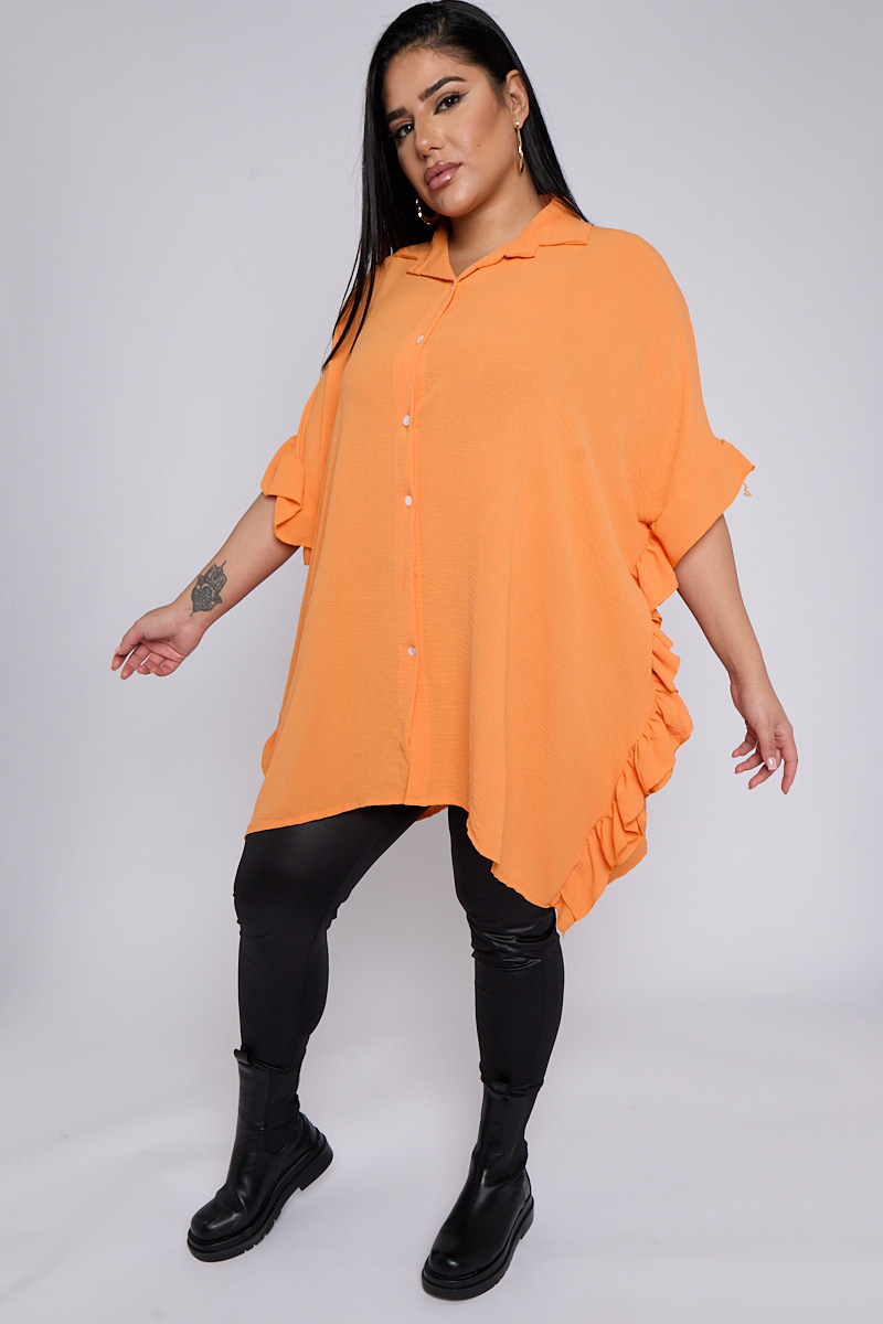 Plus Size Orange Button Through Short Sleeve Shirt With Frill Side ...