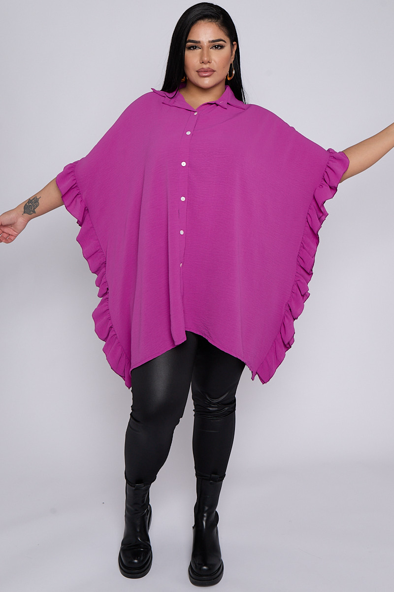 Plus Size Magenta Button Through Short Sleeve Shirt With Frill Side ...