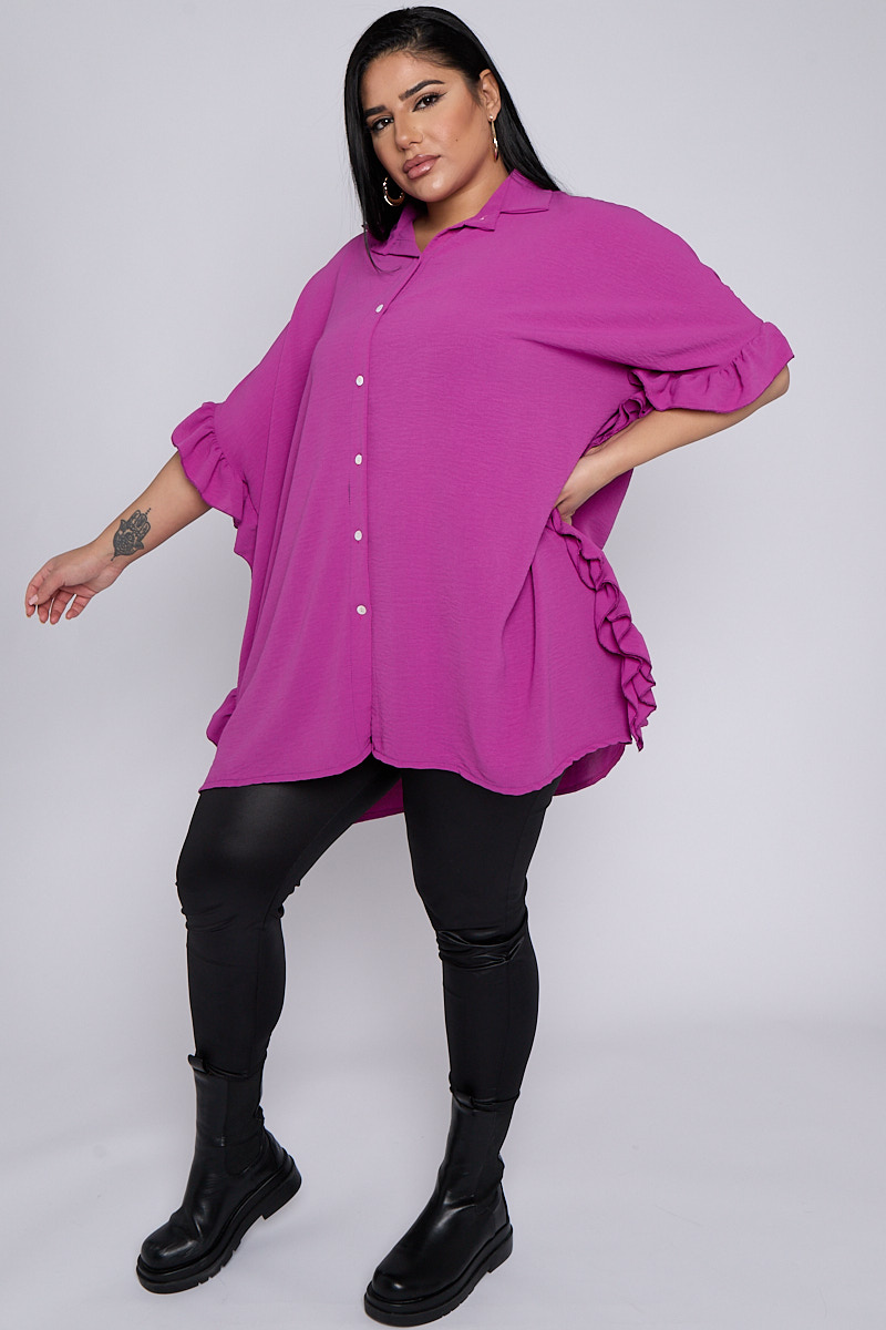 Plus Size Magenta Button Through Short Sleeve Shirt With Frill Side ...