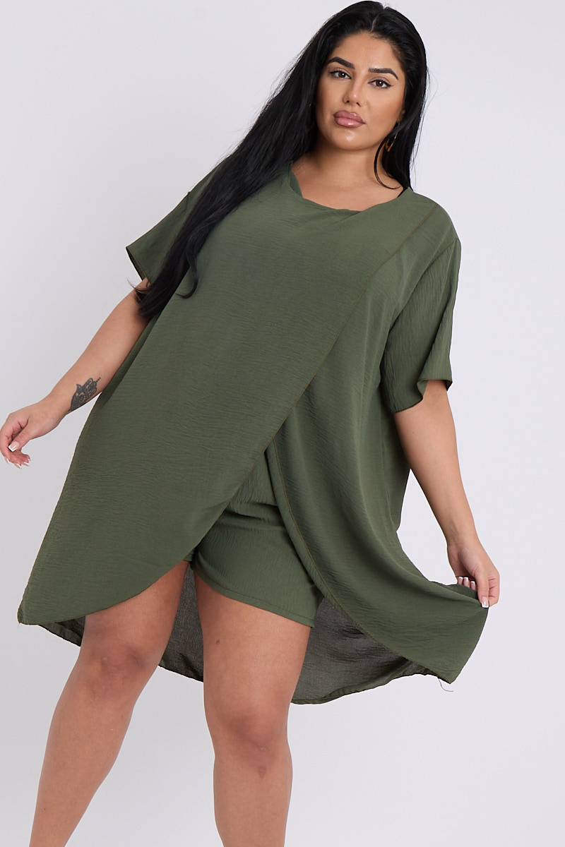 Plus Size Khaki 2 Piece Co Ord Set With Layered Asymmetric Top ...