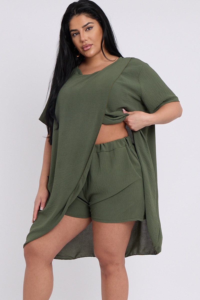 Plus Size Khaki 2 Piece Co Ord Set With Layered Asymmetric Top ...