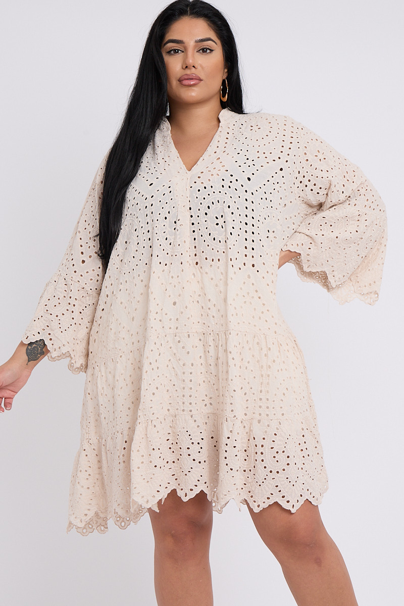 Plus Size Beige Lace Collar Style Long Flare Sleeve Dress | Praslin ...