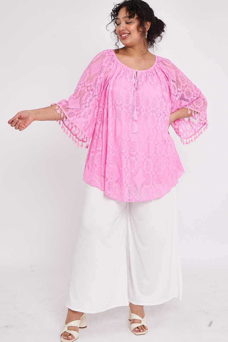 Plus Size Pink Lace Tie Neck Flare Sleeves Top | Praslin Clothing