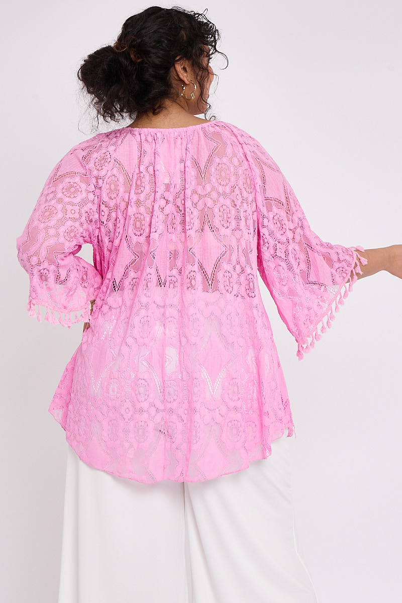 Plus Size Pink Lace Tie Neck Flare Sleeves Top | Praslin Clothing