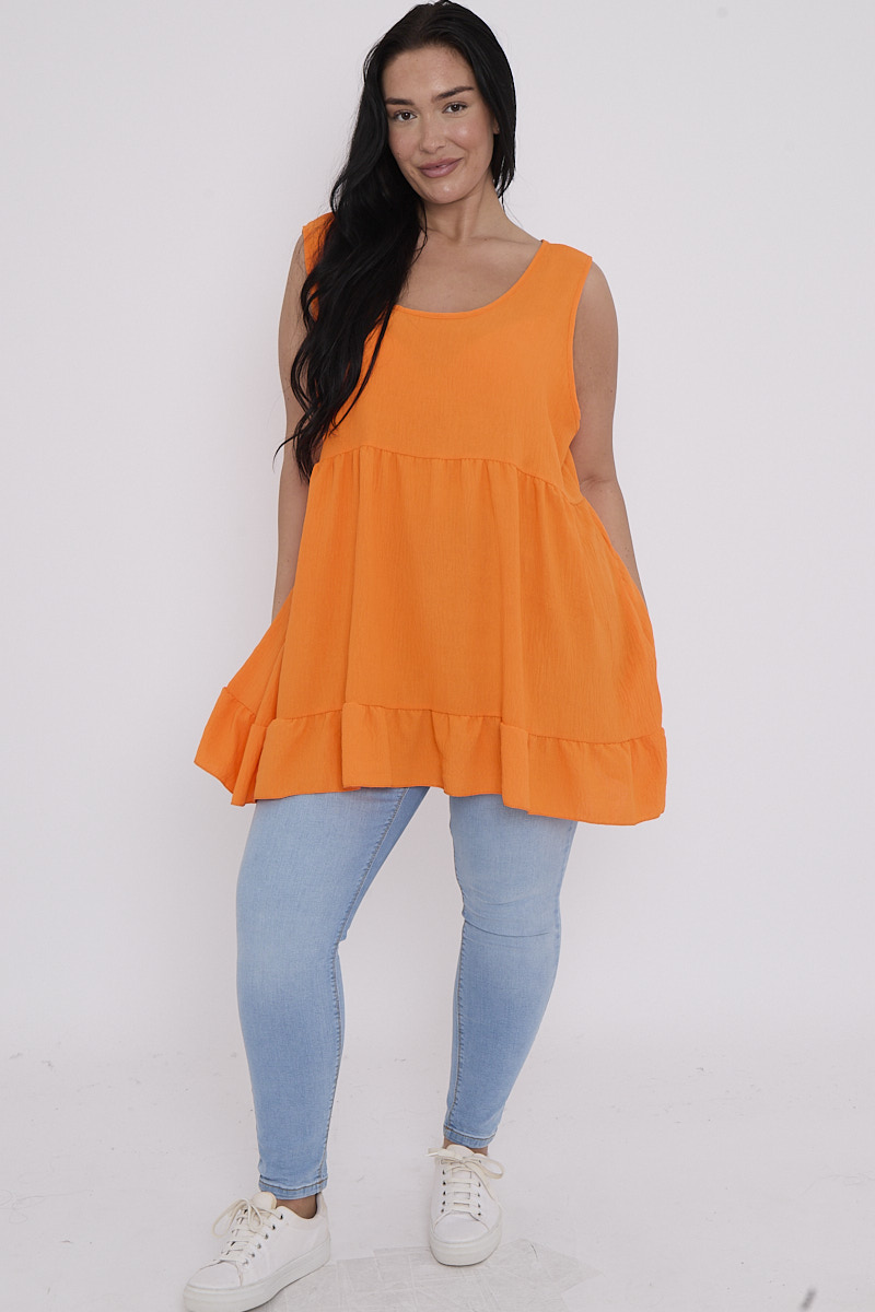 Plus Size Orange Sleeveless Smock Style Top With Round Neck | Praslin ...