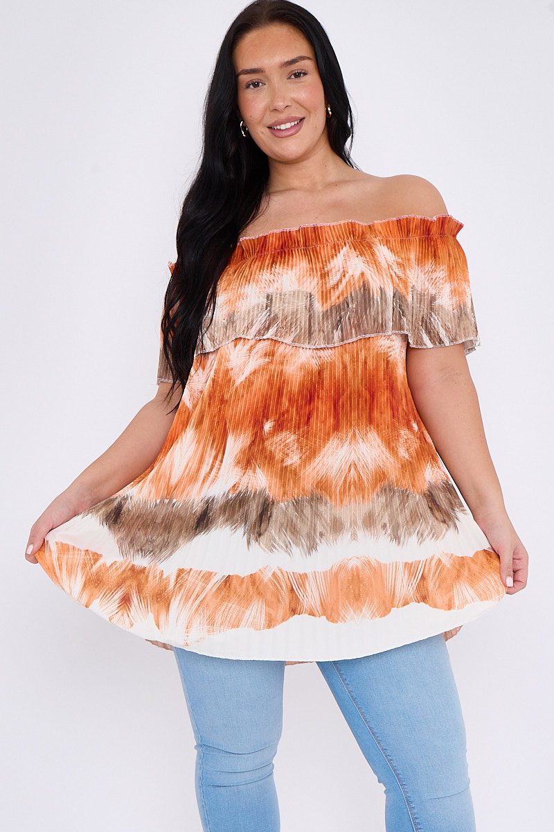 Plus Size Orange Printed Plisse Pleat Bardot Layered Top | Praslin Clothing