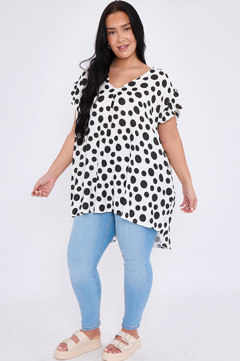 Plus Size Black Printed V Neck Flared Top With Short Ruffle Sleeves ...