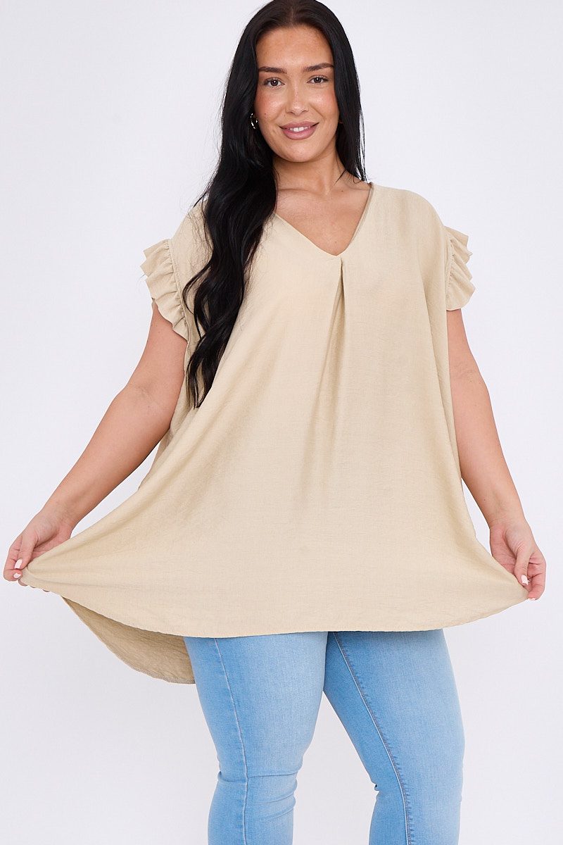 Plus Size Beige V Neck Flared Top With Short Ruffle Sleeves | Praslin ...