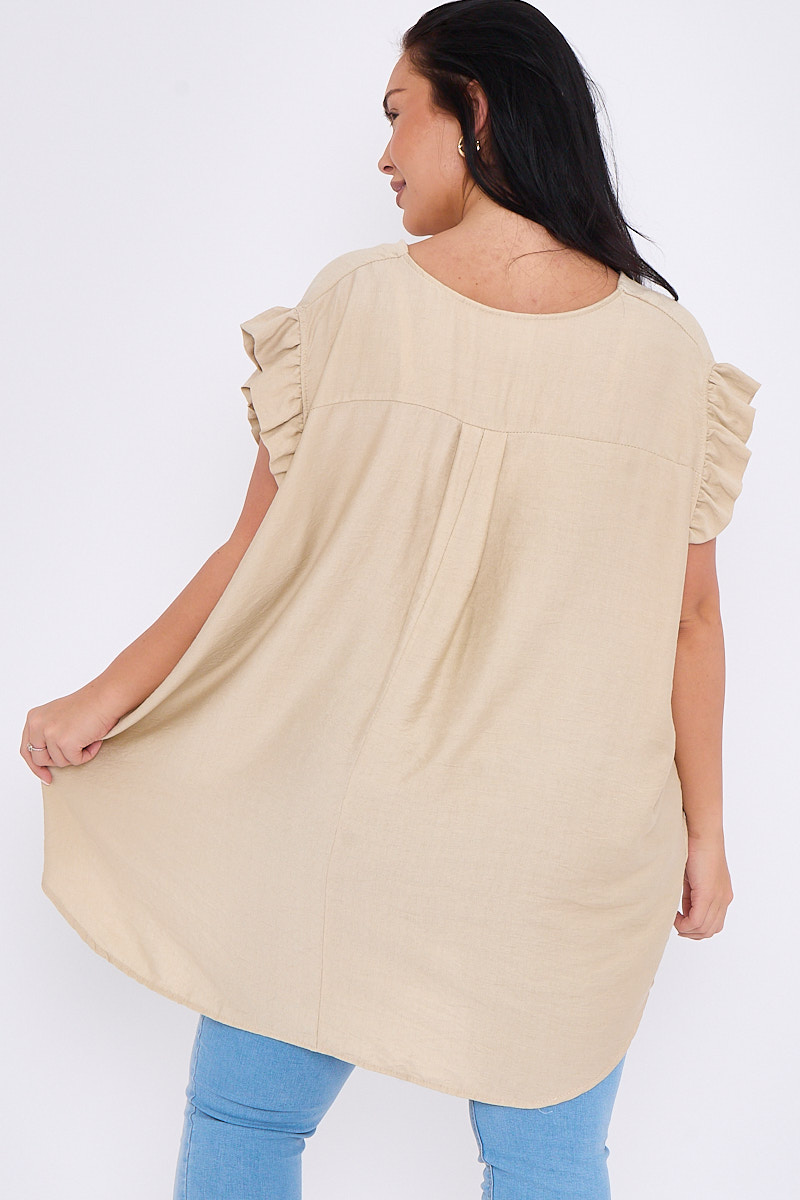Plus Size Beige V Neck Flared Top With Short Ruffle Sleeves | Praslin ...