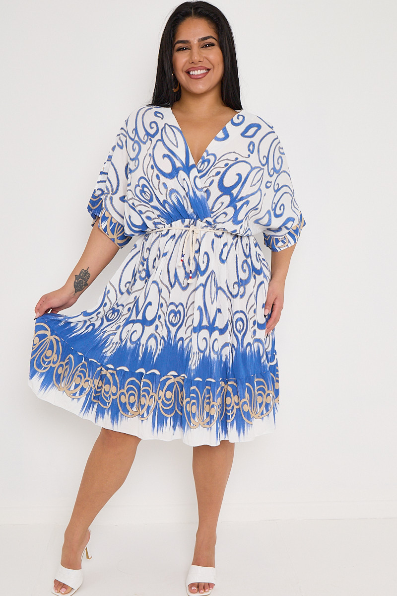 Plus Size Blue Printed Wrap Tie Waist Dress With Short Sleeves ...