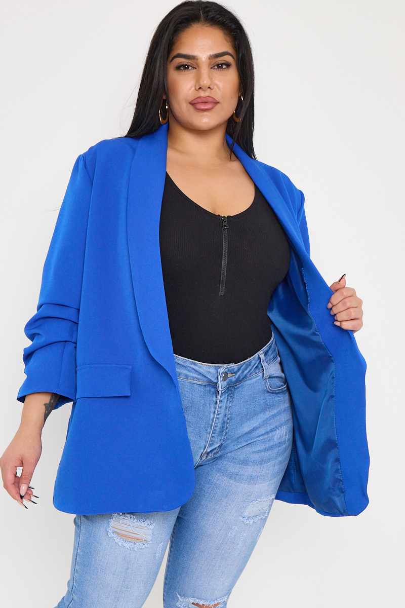 Plus Size Blue Ruffle Sleeve Blazer With Pocket Detail | Praslin Clothing